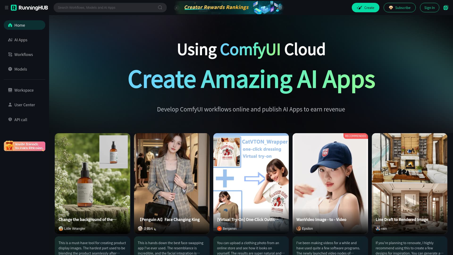 Runninghub - Cloud ComfyUI platform for creating AI Apps and running ComfyUI workflows online ...